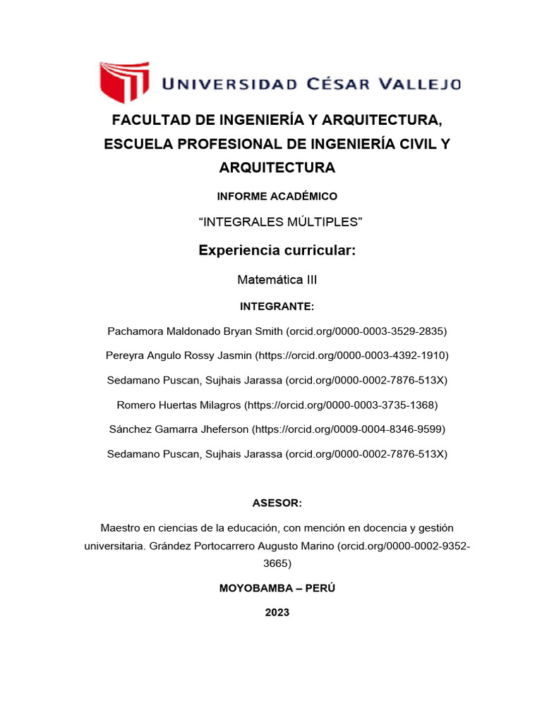 Informe Jhefferson Matemática III | PDF | Integral | Sistema coordinado