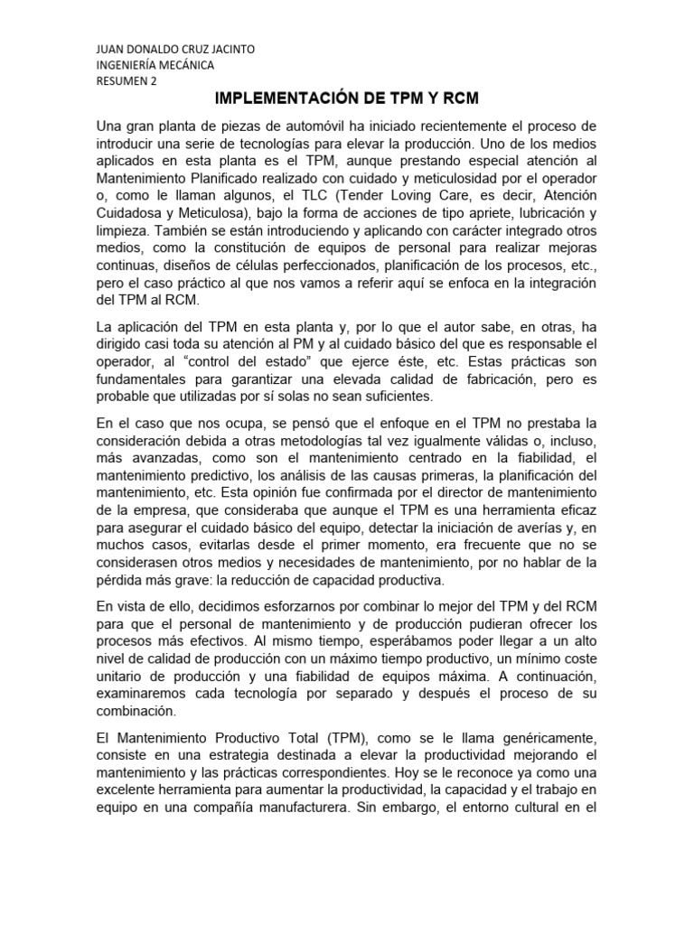 Implementación de TPM y RCM Resumen 2 | PDF | Ingeniería de confiabilidad