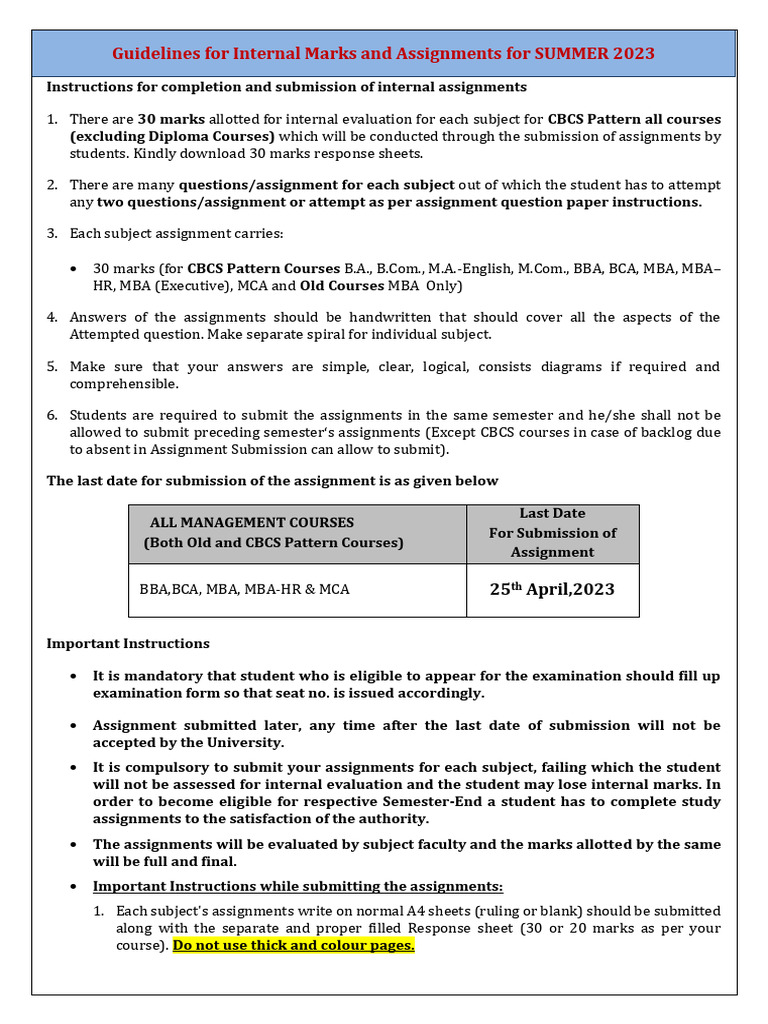 Guidelines For Internal Marks and Assignments For SUMMER 2023 | Download Free PDF | Qualifications