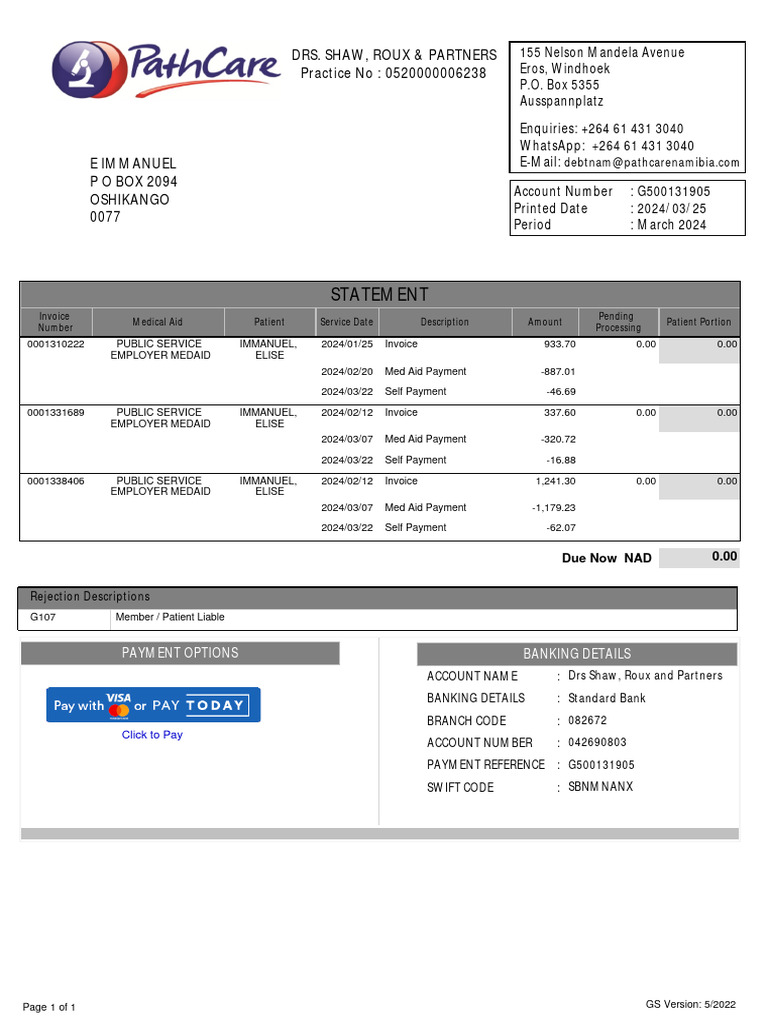 Statement: Drs. Shaw, Roux & Partners Practice No: 0520000006238 | PDF ...