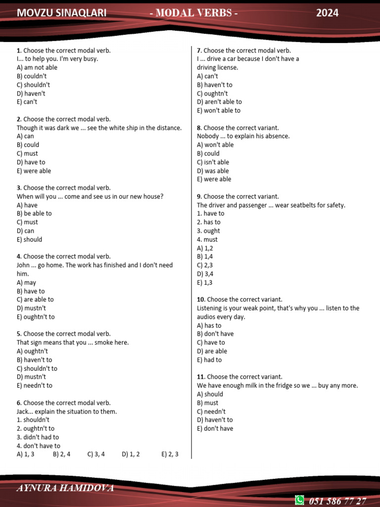 Movzu Sinaqlari 2024 - Modal Verb | PDF | Linguistic Typology | Linguistic Morphology