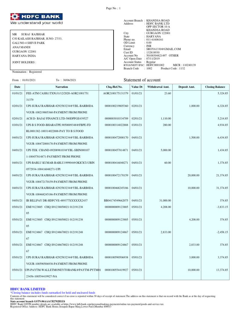 HDFC Account Statement: Jan-Jun 2021 | PDF | Banks | Banking