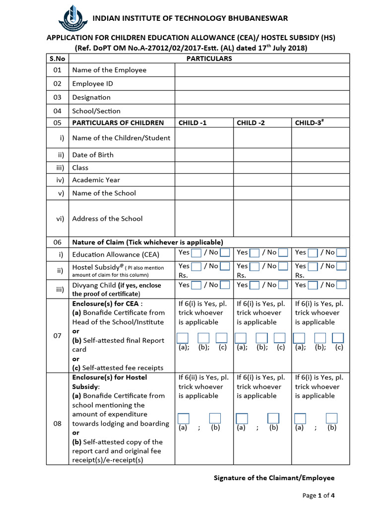 Form For Reimbursement of Children Educatin Allowance and Hostel ...