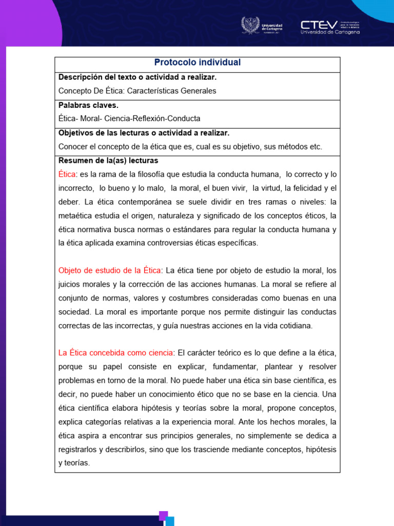 Protocolo Individual Etica | PDF | Moralidad | Teoría