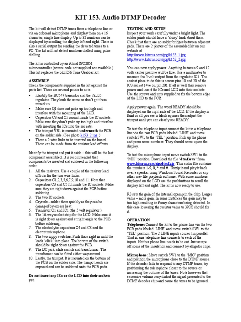 KIT 153. Audio DTMF Decoder: Testing and Setup | PDF | Operational ...