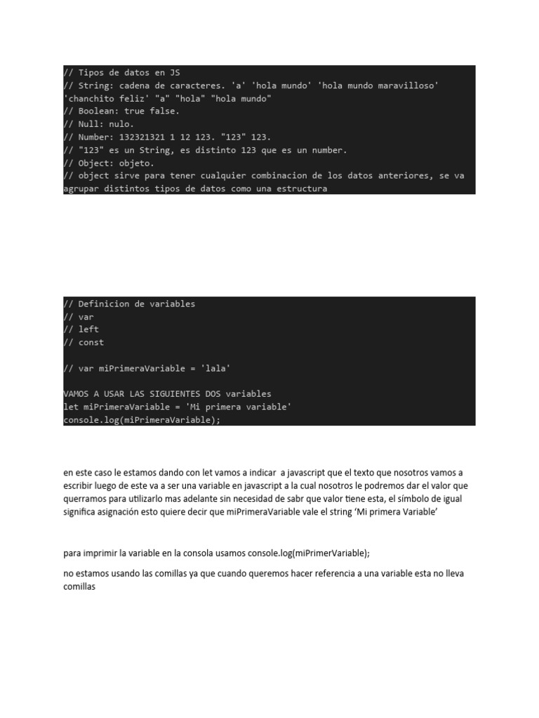 Tipos de Datos y Variables en JS | PDF