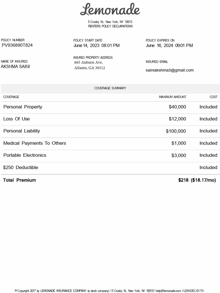 Lemonade | PDF | Insurance | Deductible