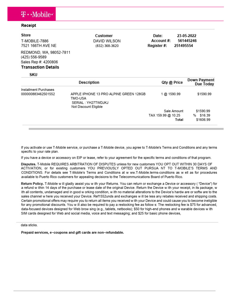 T-Mobile iPhone 13 Pro Purchase Receipt | PDF | T Mobile Us | Receipt
