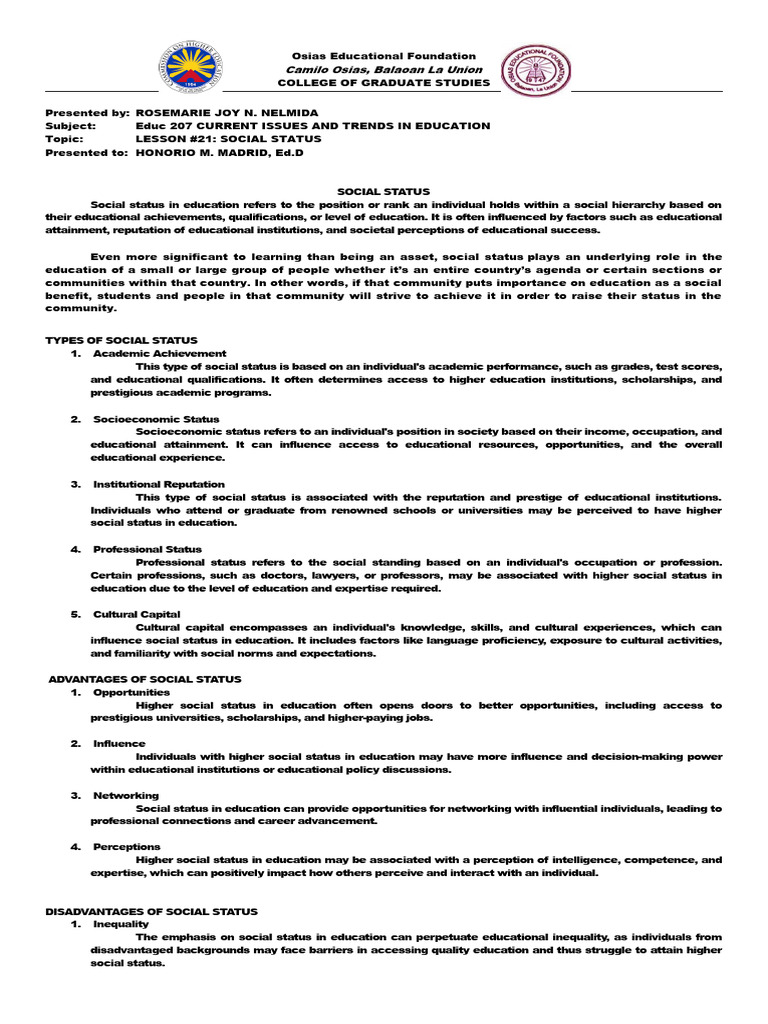 Understanding Social Status in Education | PDF | Social Status | Social ...