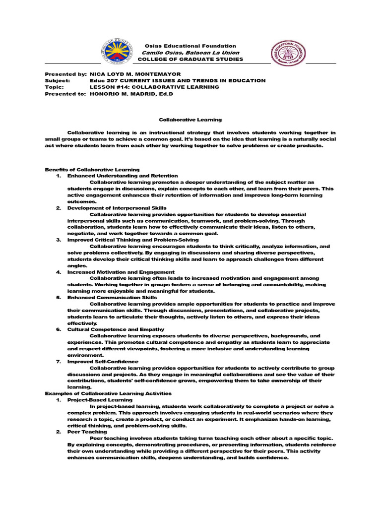 14 Collaborative Learning Nica Montemayor | PDF | Learning | Critical Thinking