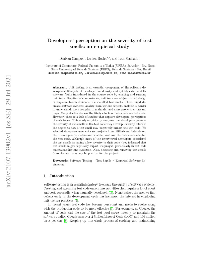 Developers' Perception On The Severity of Test Smells An Empirical ...