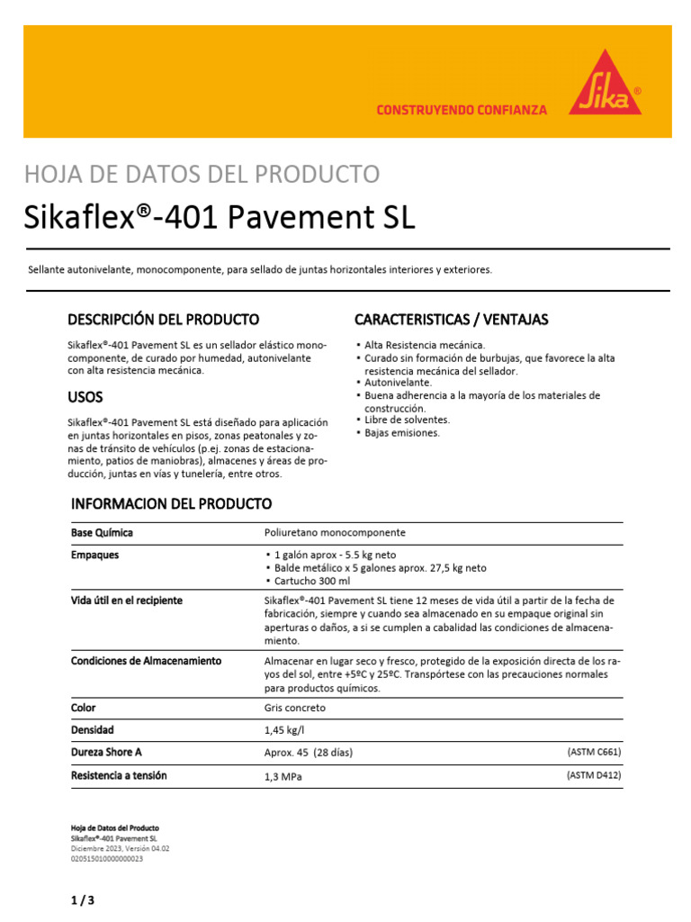 Ficha Técnica_sikaflex_-401_pavementsl | PDF | Agua | Materiales