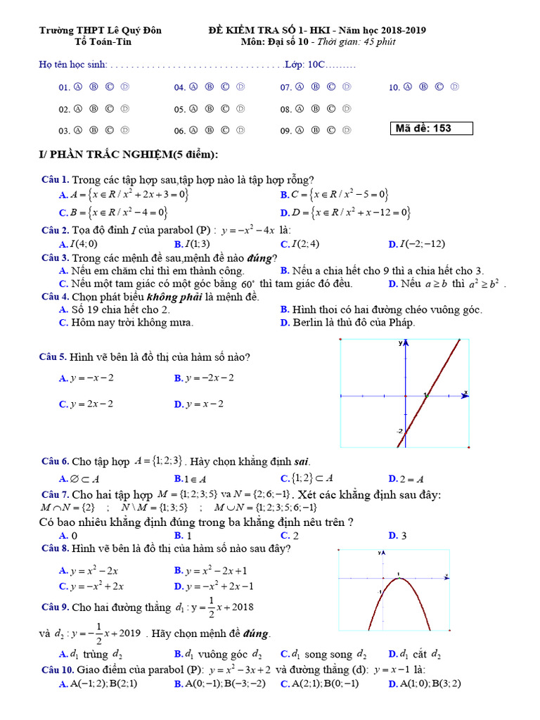 De Kiem Tra So 1 Hki Dai So 10 Nam 2018 2019 Truong Le Quy Don Quang Nam | PDF