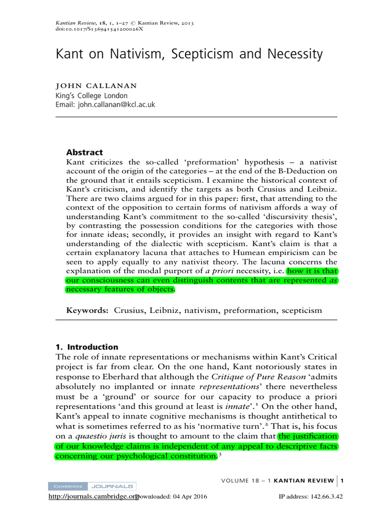 Callanan, John (2013) - Kant On Nativism, Scepticism and Necessity | PDF | Immanuel Kant | A ...