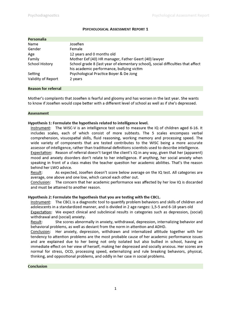 Psychological Assessment Report 1 | PDF | Major Depressive Disorder ...