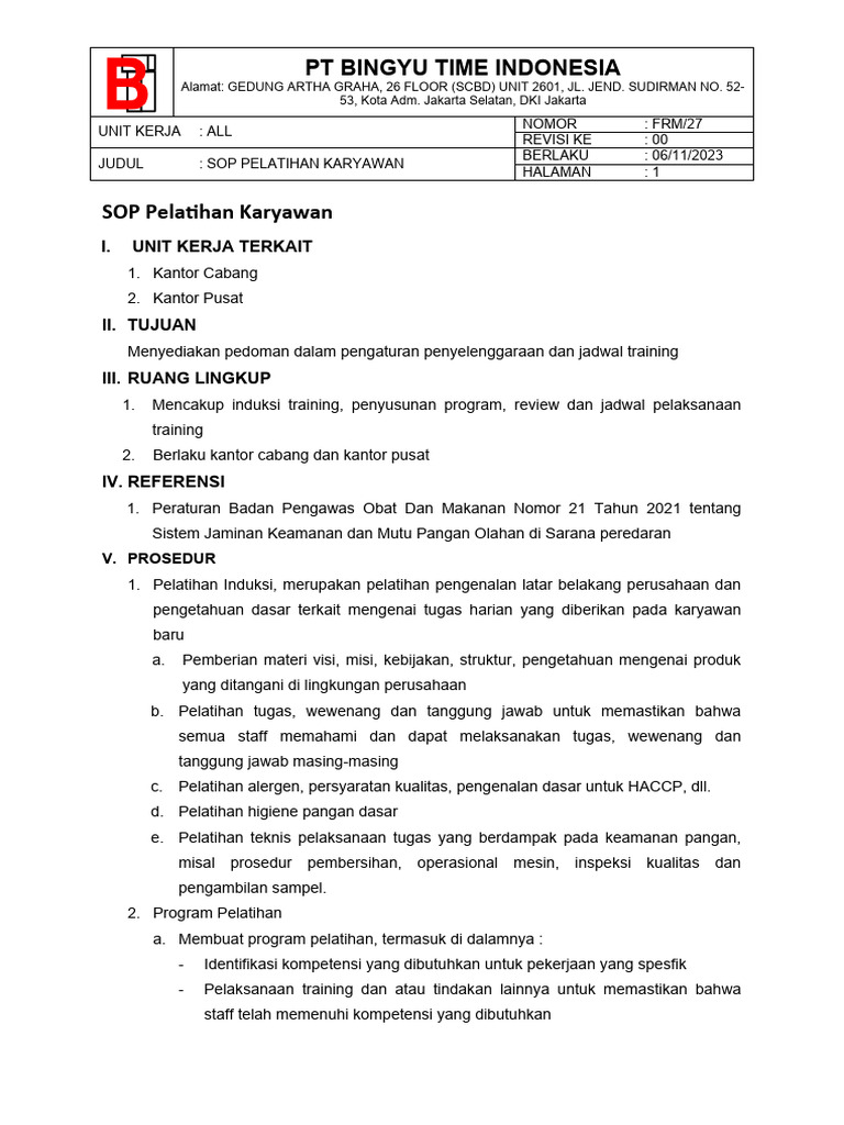 SOP Pelatihan Karyawan | PDF