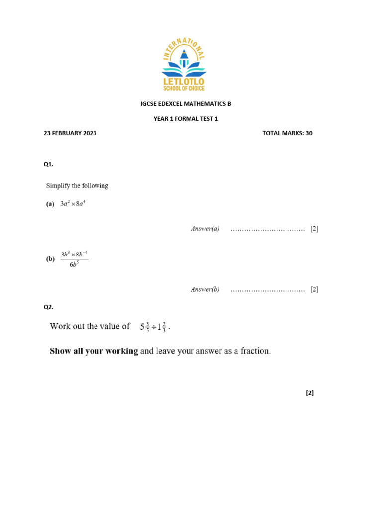 IGCSE Edexcel Math Test 1 - Year 1 | PDF