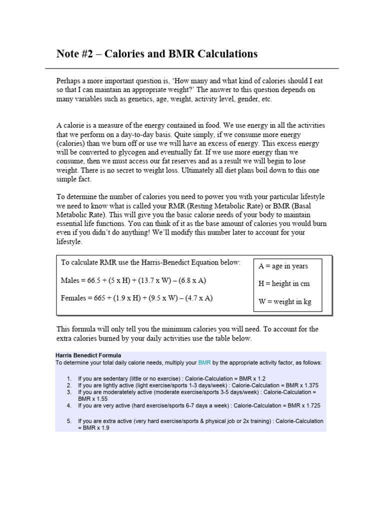 BMR Calculation and Note For Calories | PDF | Nutrition | Diet & Nutrition