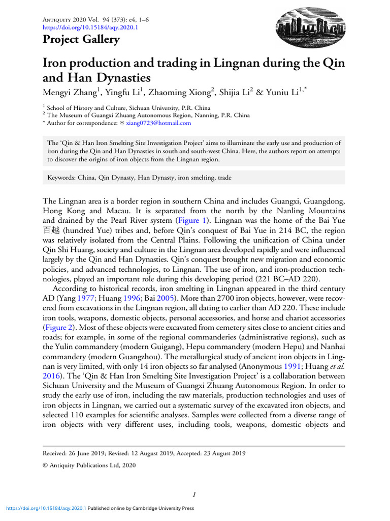 Iron Production and Trading in Lingnan During The Qin and Han Dynasties ...