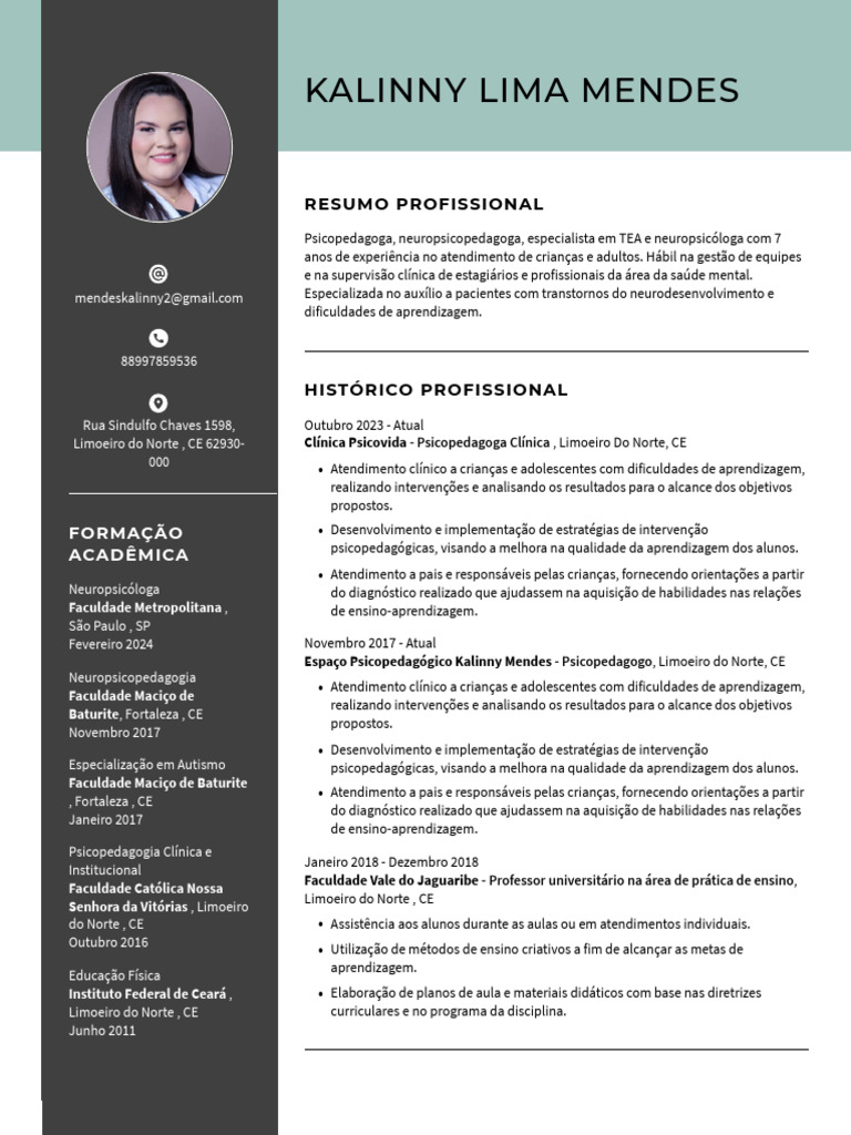 Kalinny_LimaMendes_Curr%C3%ADculo | PDF | Aprendizado | Espectro do autismo