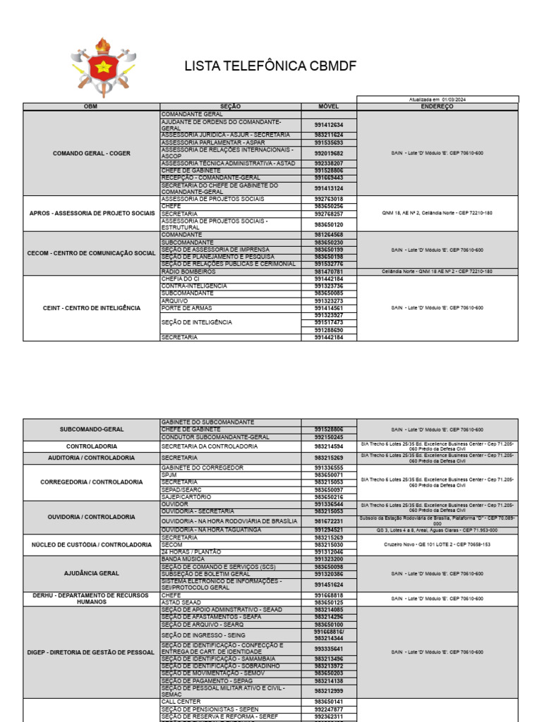 Lista Telefônica CBMDF 2024 | PDF