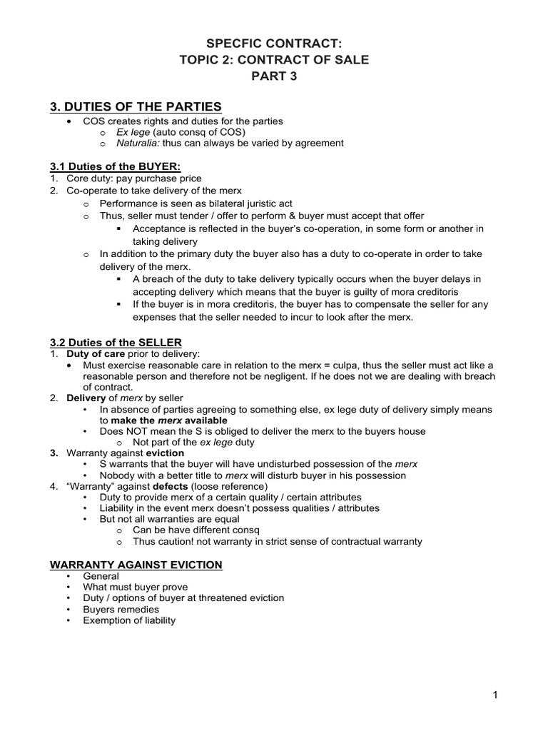 Specific Contracts (2023) - Topic 2 - Contract of Sale - Part 3 | PDF ...