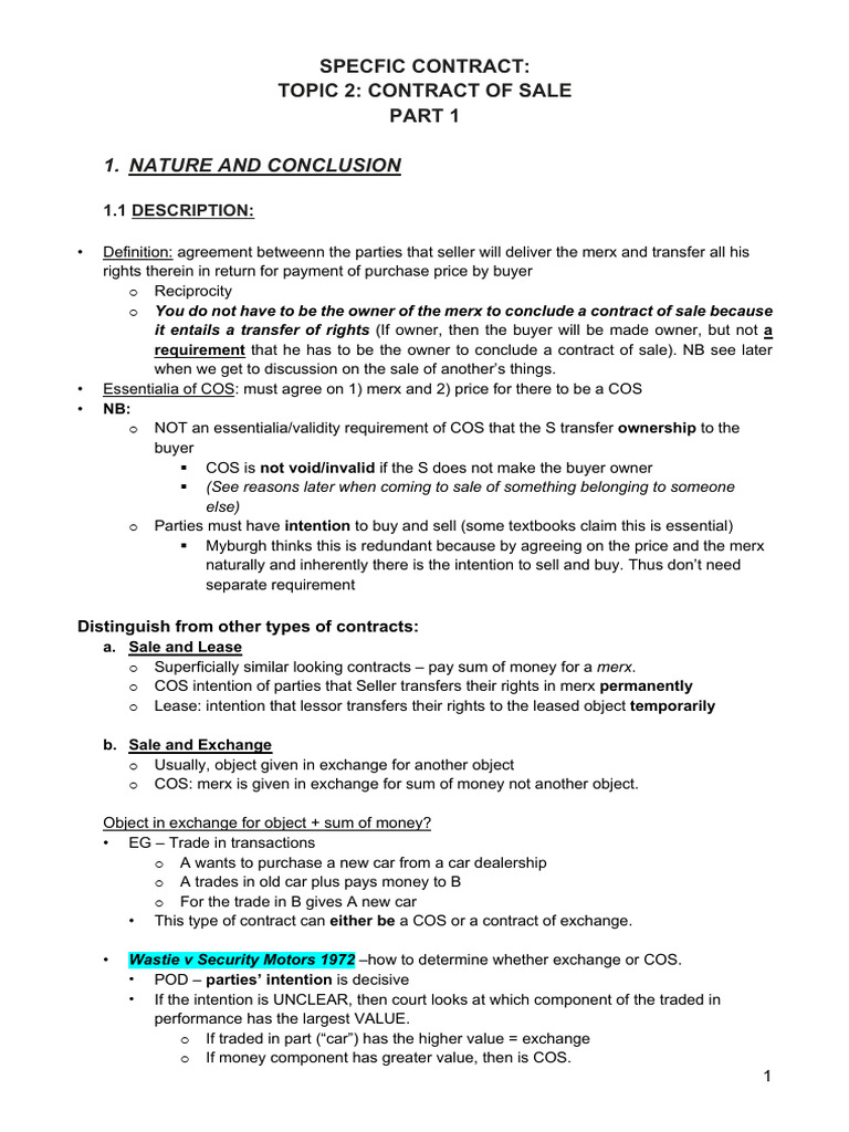 Specific Contracts (2023) - Topic 2 - Contract of Sale - Part 1 | PDF | Misrepresentation | Lease
