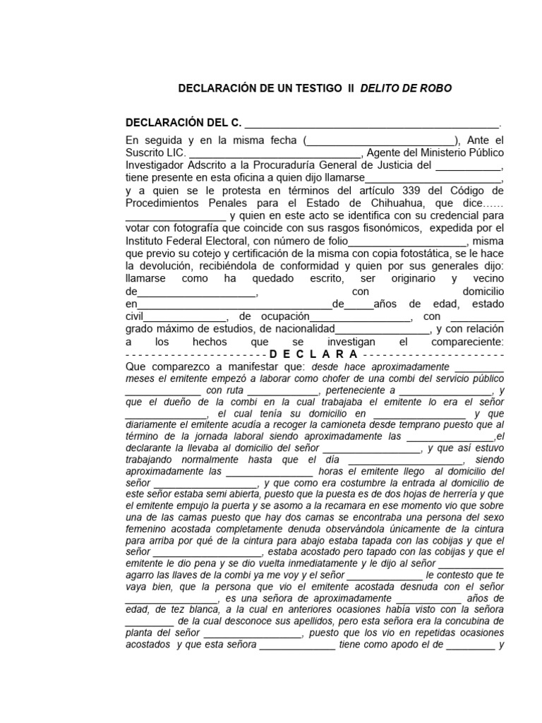 Declaración de Un Testigo Ii Delito de Robo | PDF