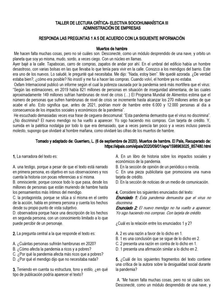 Taller de Lectura Crítica - Electiva Sociohumanística III Administración de Empresas | PDF ...