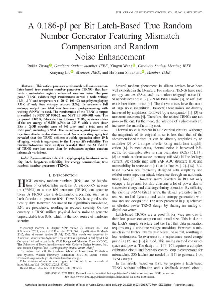 Zhang Et Al. - 2022 - A 0.186-PJ Per Bit Latch-Based True Random Number | PDF | Electronic ...