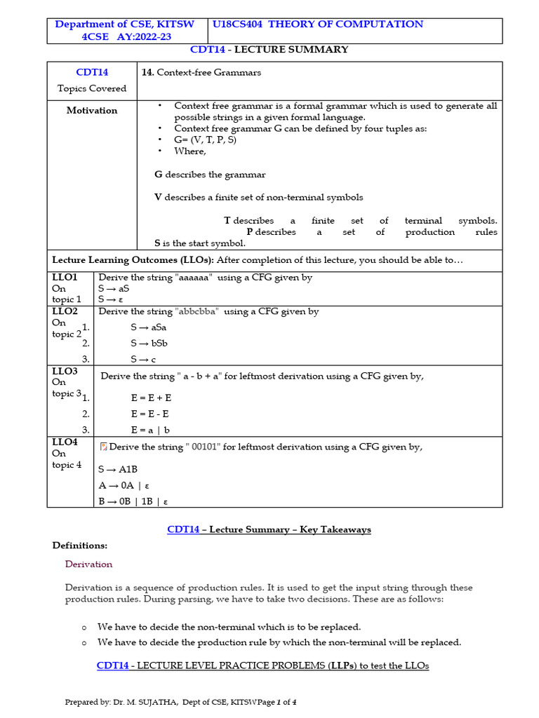 TOC CDT13 Summary 4CSE DRMS 2021-22 | PDF | Language Mechanics | Syntax