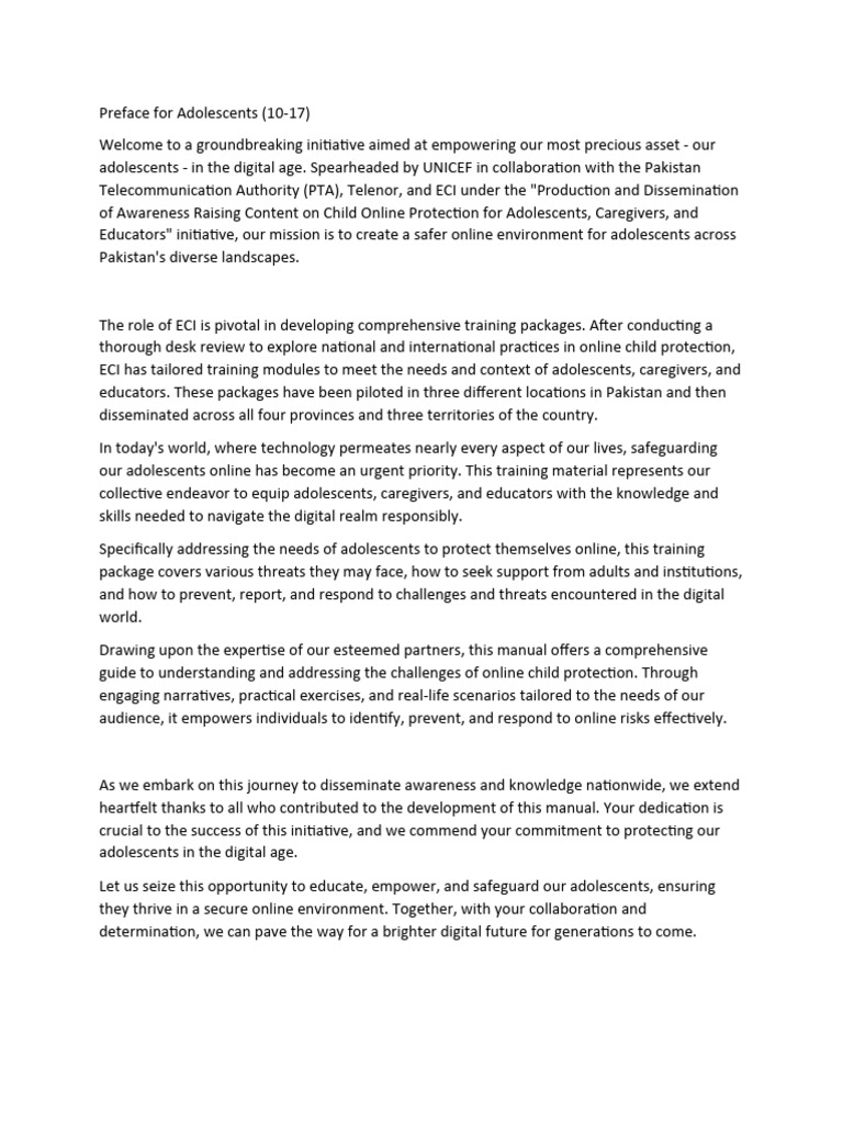 Preface-Cop - Material-April 05-MT (Both) | PDF | Adolescence | Child Protection