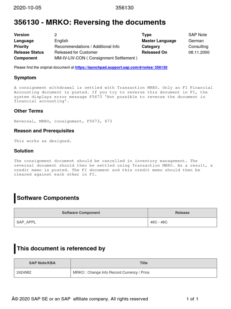 SAP Note - Vendor Consignment Settled Document Reversal | PDF | Computers