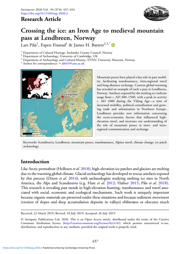 Crossing the Ice: An Iron Age to Medieval Mountain Pass at Lendbreen, Norway | PDF | Alps | Glacier