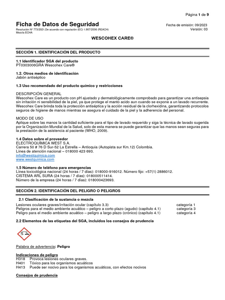 FDS SGA Wescohex Care V3 09 2023 | PDF | Agua | Solubilidad