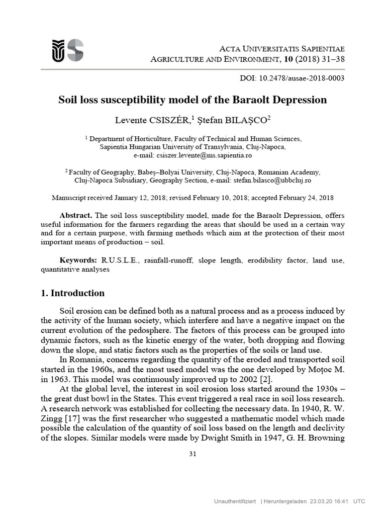 Bilasco - Soil Loss Susceptibility Model of The Baraolt Depression ...