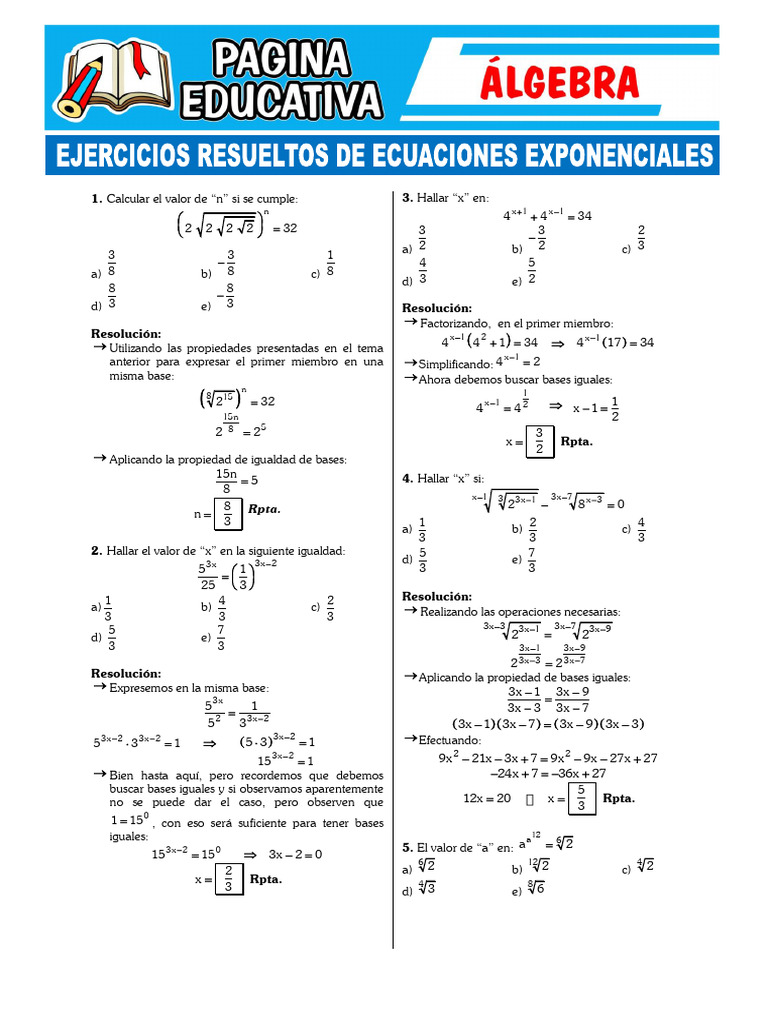 Ejercicios-Resueltos-de-Ecuaciones-Exponenciales-Pagina-Educativa | PDF | Matemáticas