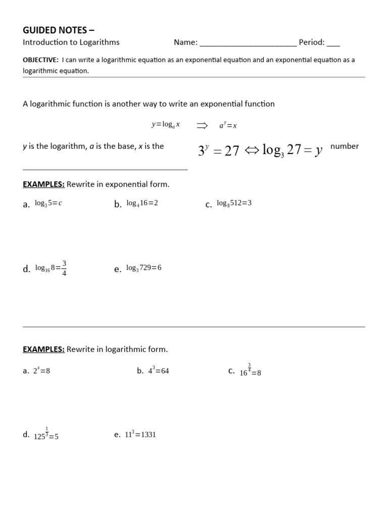 Guided Notes - Introduction To Logarithms | PDF | Teaching Methods ...