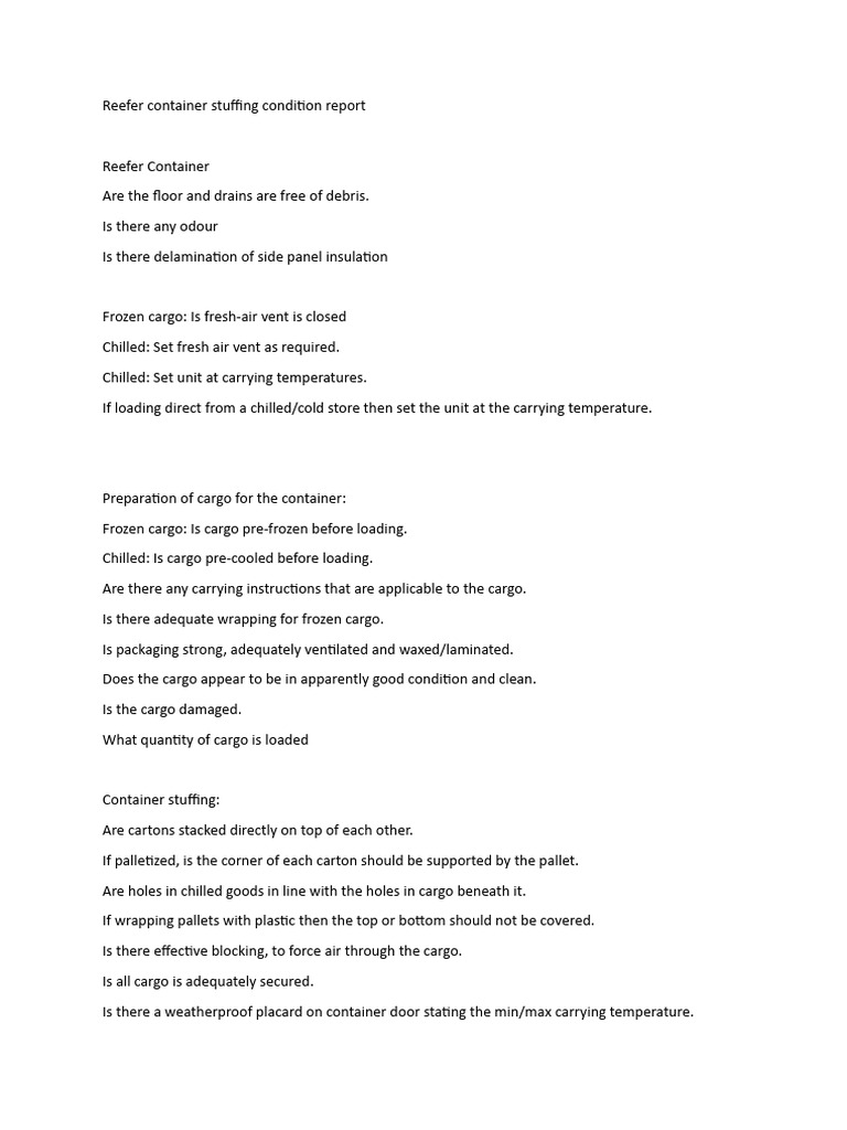 Reefer Container Stuffing Condition Report | PDF