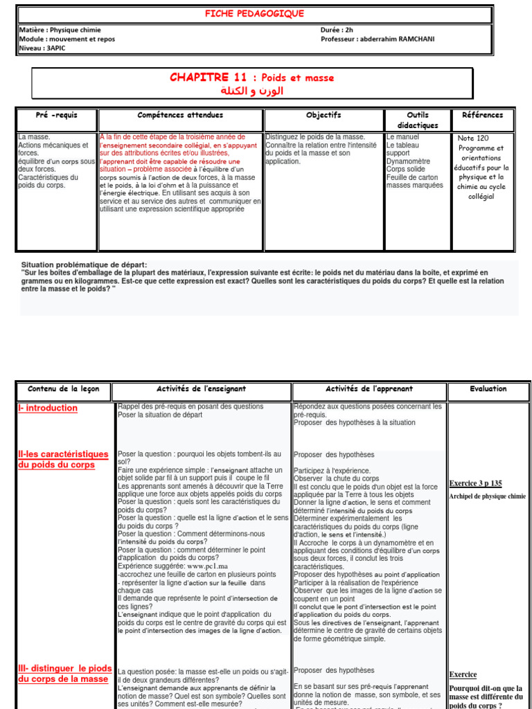 Le Poids Et La Masse Fiche Pedagogique | PDF | Poids | Masse