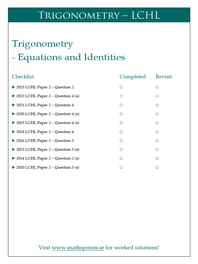 Trigonometry Equations and Identities LCHL Worksheets | PDF | Complex ...