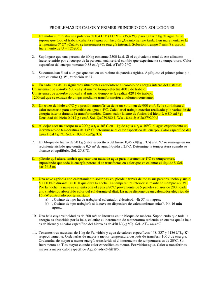 Problemas Calor y Primer Principio Con Soluciones 2019 | PDF | Calor | Caloría