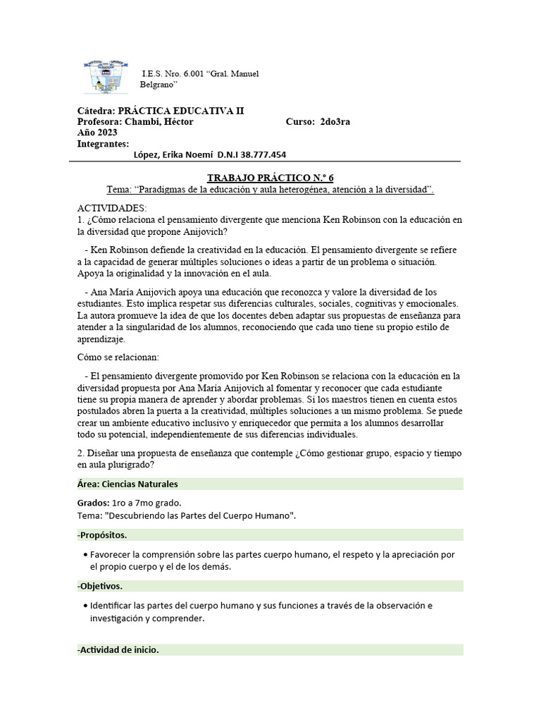 TP 6 Planif Plurigr PRACTICA II | PDF | Enseñando | Salón de clases