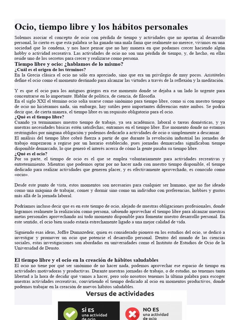 Lectura Ocio Tiempo Libre y Recreacion | PDF | Ocio | Desarrollo personal