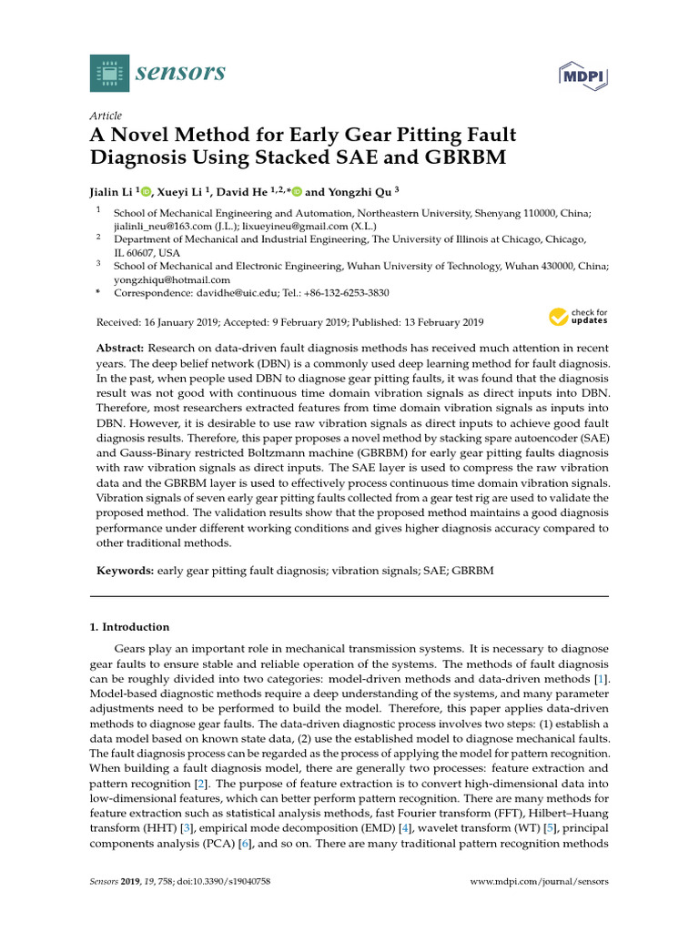 A Novel Method for Early Gear Pitting Fault Diagnosis Using Stacked SAE and GBRBM | PDF | Deep ...