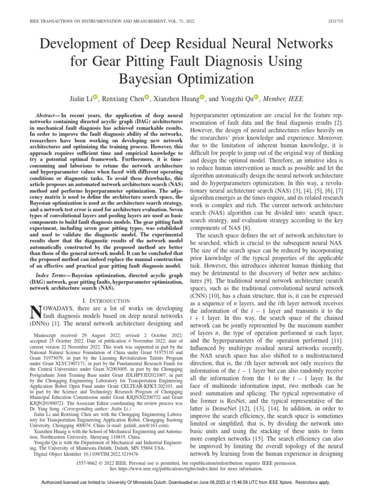 Development of Deep Residual Neural Networks For Gear Pitting Fault Diagnosis Using Bayesian ...