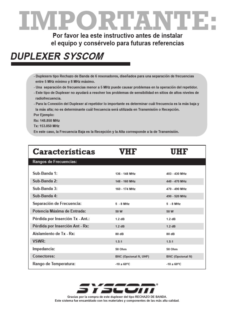 Duplexor SYSCOM Compacto | PDF | Frecuencia ultra alta | Ingenieria Eléctrica
