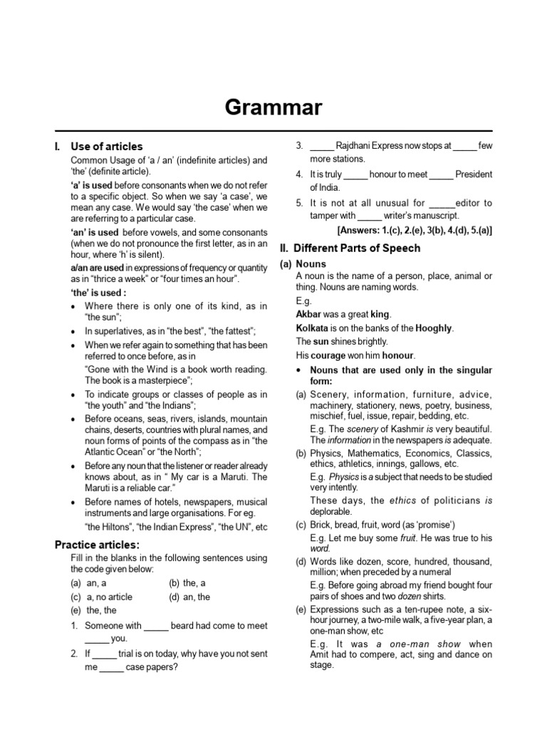 Grammar: I. Use of Articles | PDF | Adverb | Preposition And Postposition