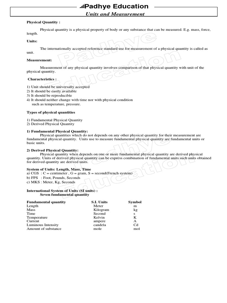 Units and Measurement (Notes) | PDF | International System Of Units ...