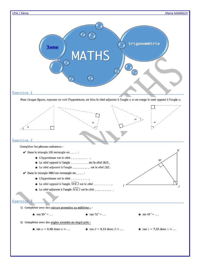Trigonometry Exercises for 3rd Grade Math | PDF